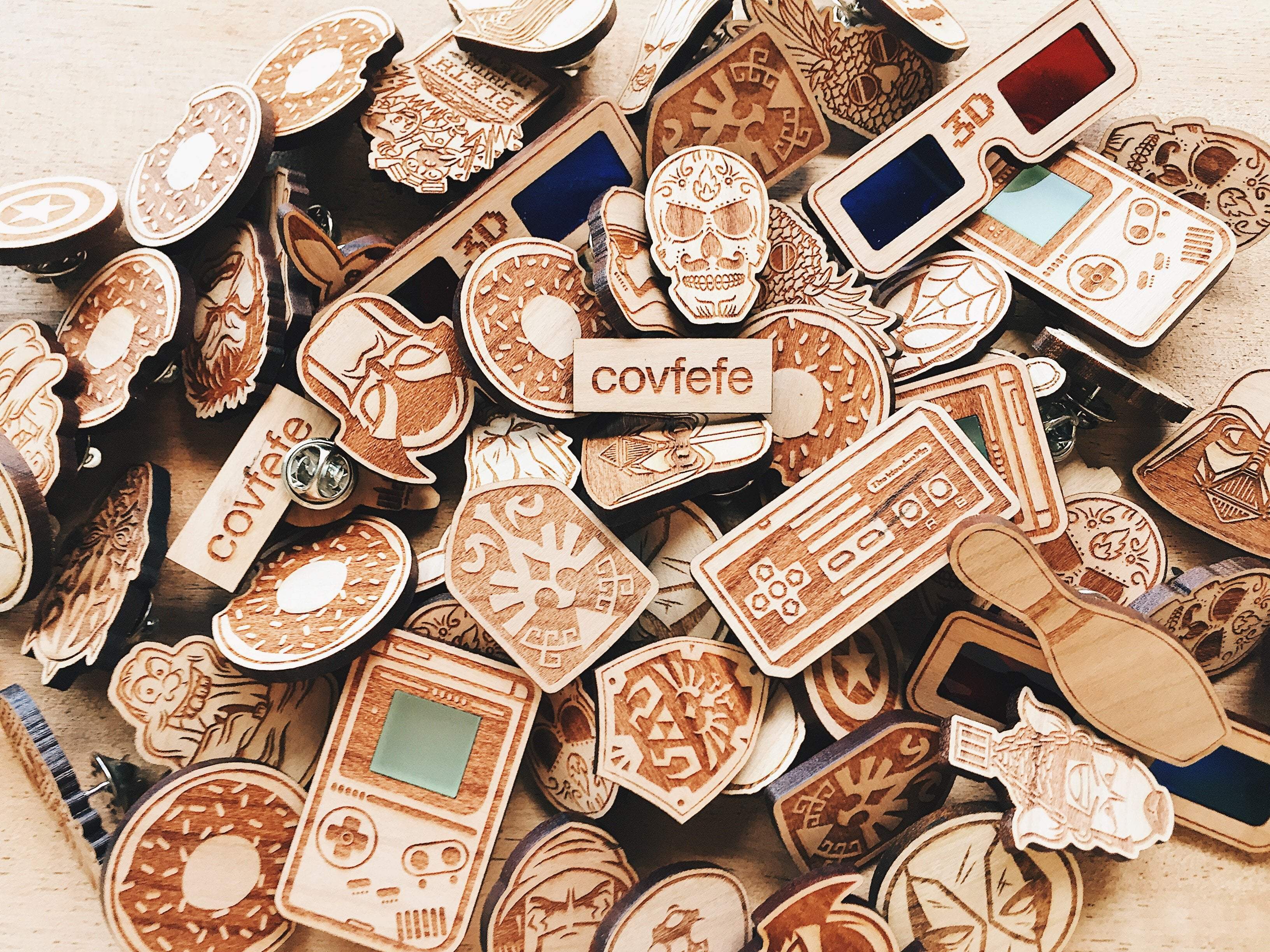 Wooden Pins - Laser engraved, hand made, solid cherry wooden pins ...