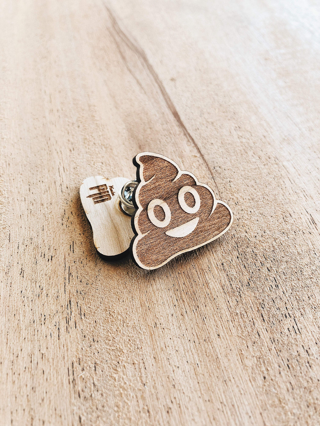Poop Emoji Wooden Pin - Enamel Pin, Custom Pins, Laser Engraved, Hat Pins