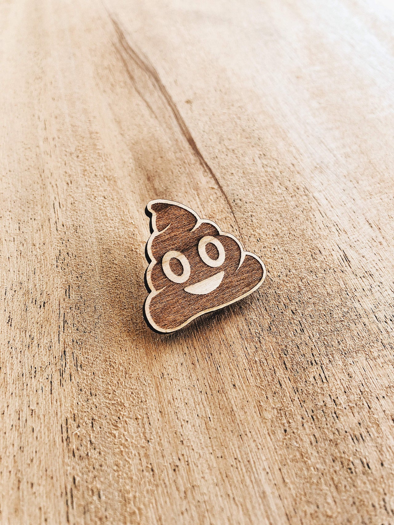 Poop Emoji Wooden Pin - Enamel Pin, Custom Pins, Laser Engraved, Hat Pins