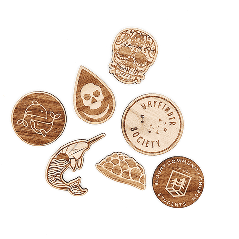 Custom Wood Pins, Wooden badges, wood name tags. Engraved & Full Color ...